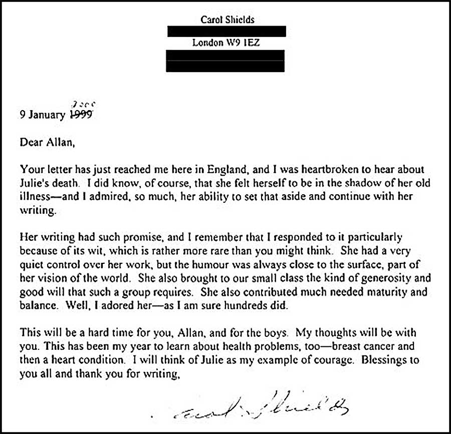 A Letter From Carol Shields About Living, Writing, Cancer, and Julie ...